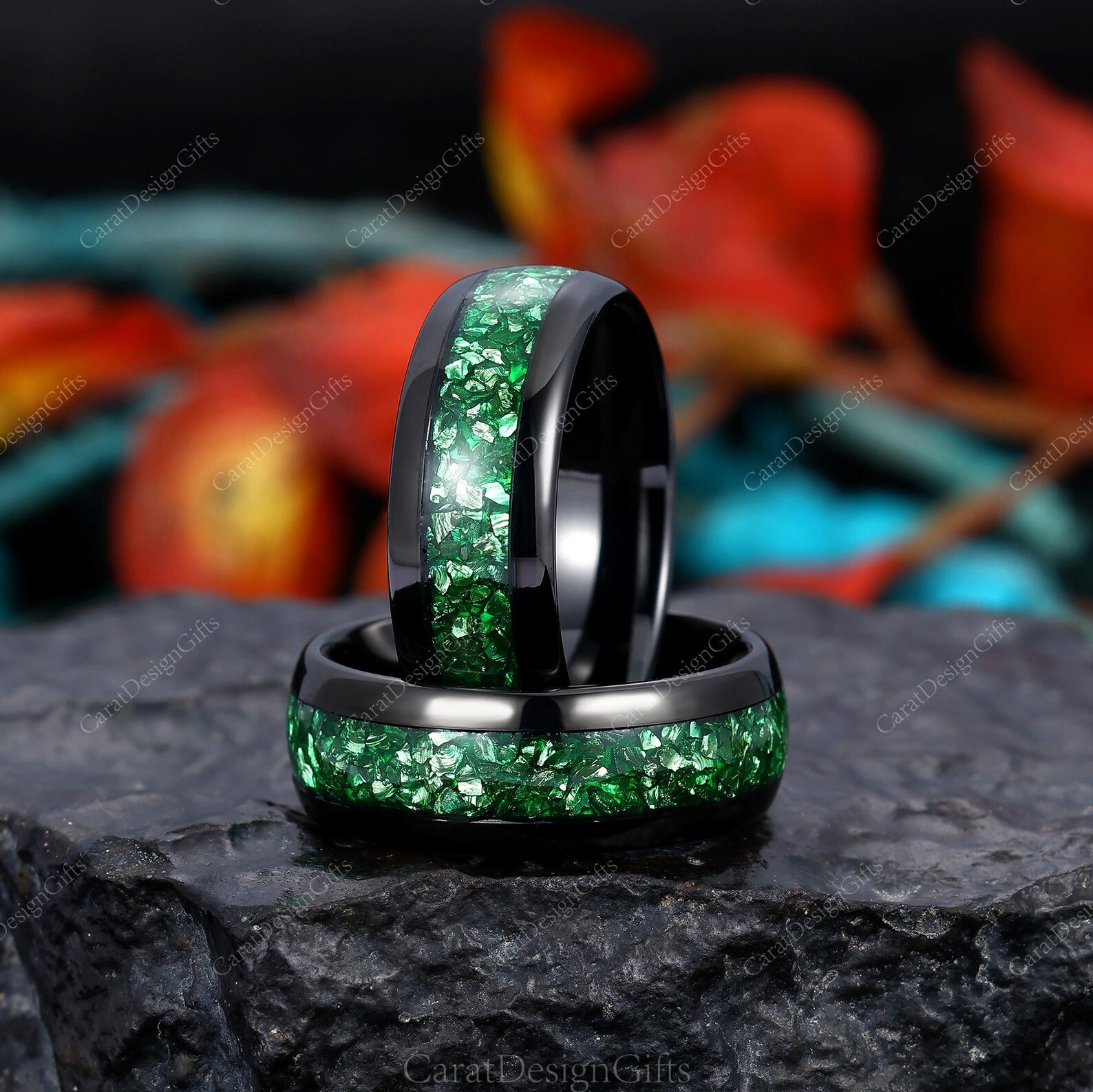 Crushed Emerald Mens Band, Black Tungsten Mens Ring, 8mm Ring for Men ...