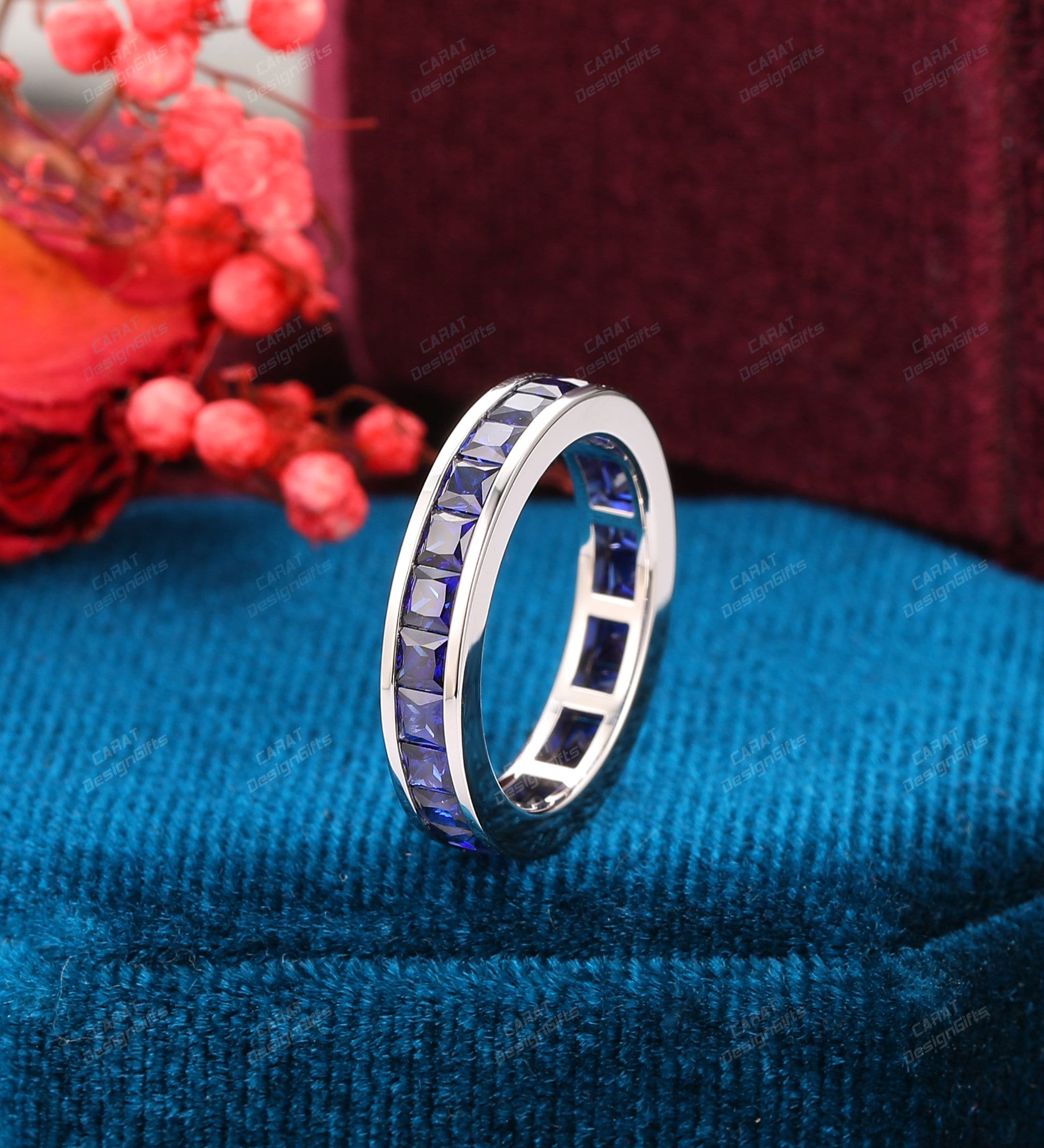 Channel Set Gemstone Ring,2.35ct Princess Cut Sapphire Wedding Band ...