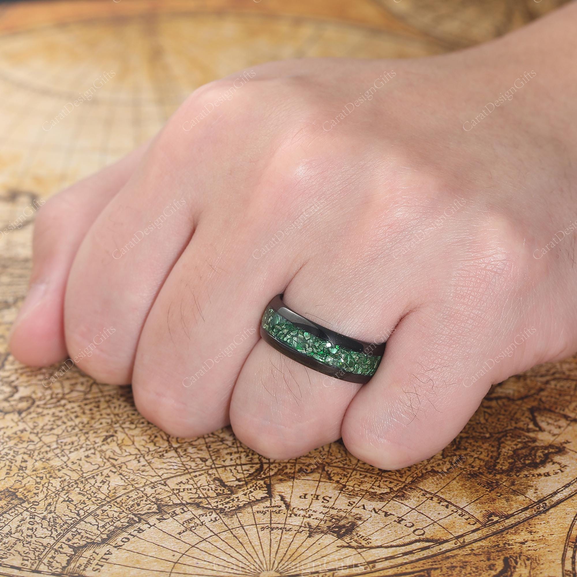 Crushed Emerald Mens Band, Black Tungsten Mens Ring, 8mm Ring for Men ...