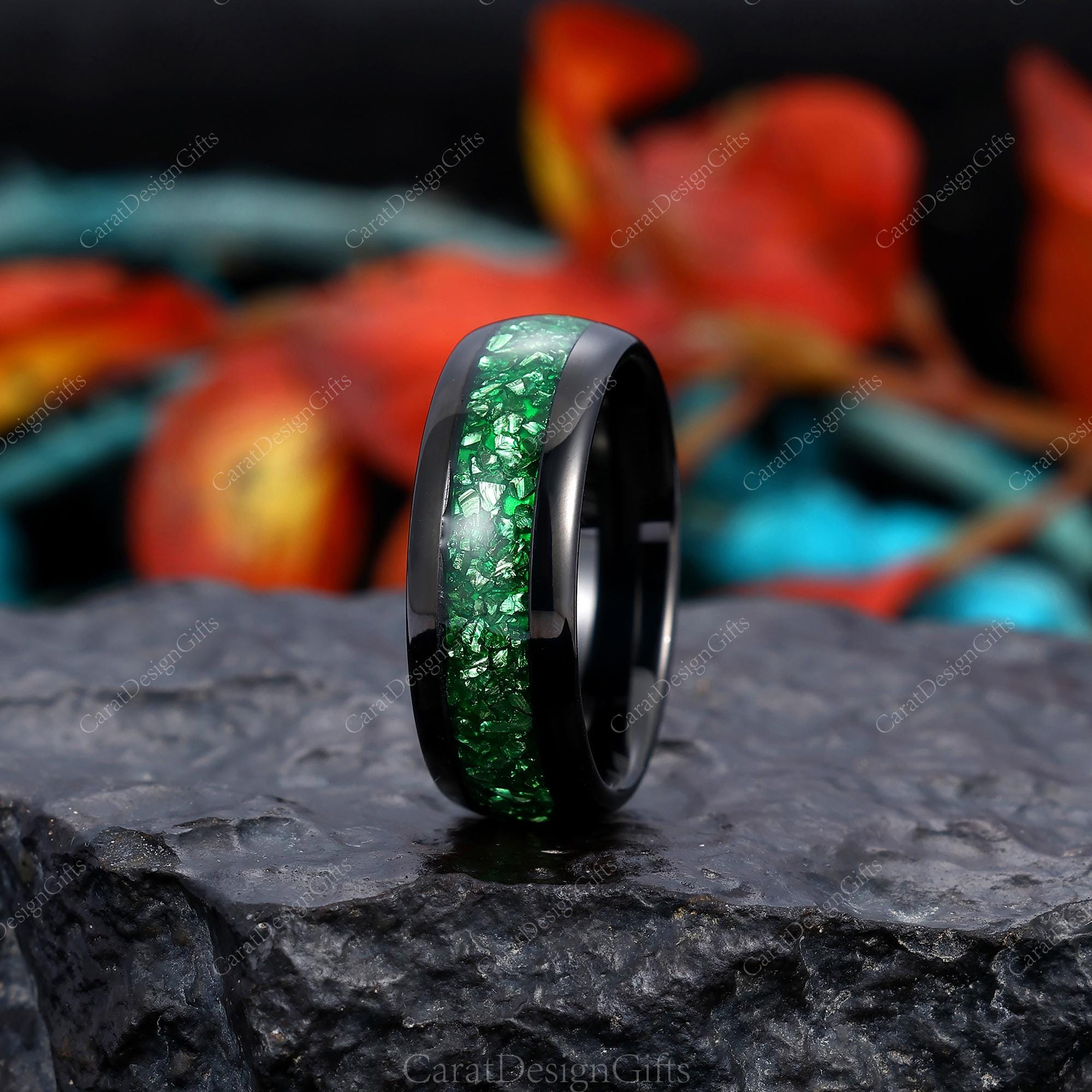 Crushed Emerald Mens Band, Black Tungsten Mens Ring, 8mm Ring for Men ...