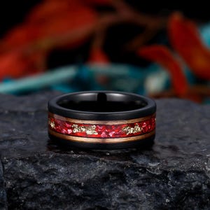 Mens Ruby Tungsten Ring Promise Anniversary Gifts, His Wedding Band, Mens Rose Gold Leaf ...