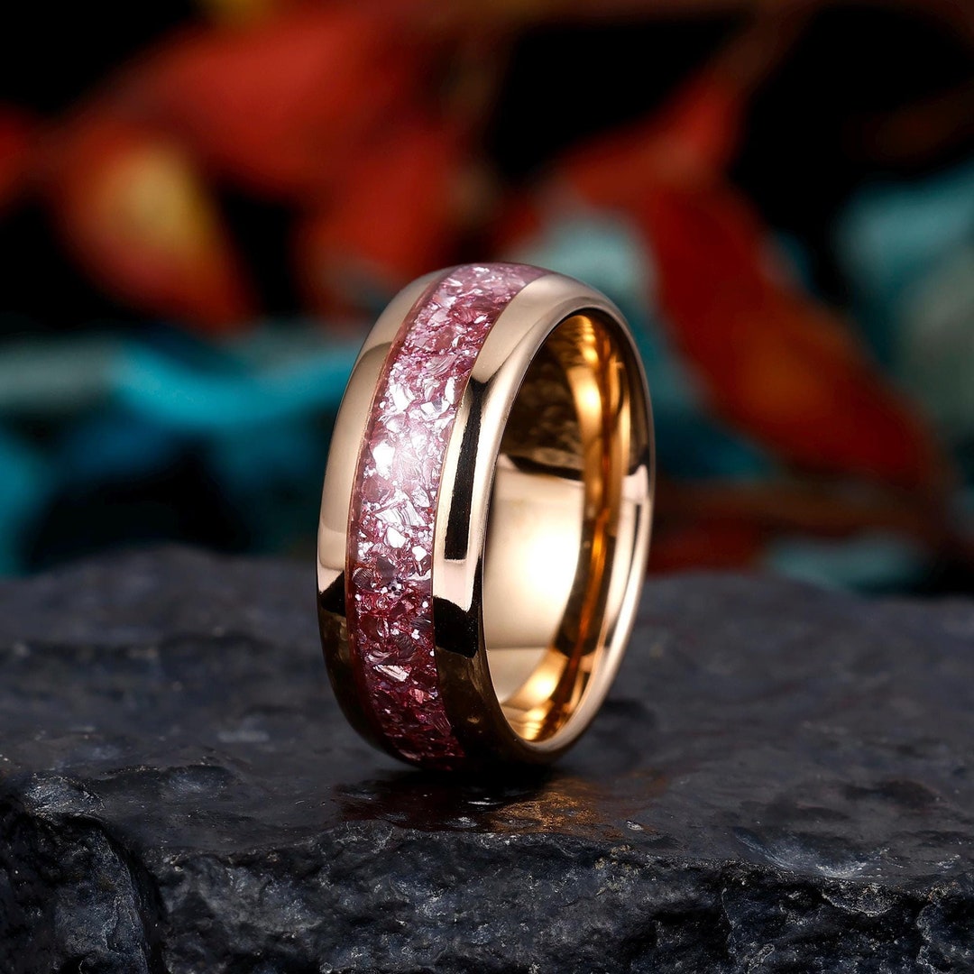 Pink Sapphire Tungsten Ring, Mens Wedding Band, Rose Gold Wedding Ring ...