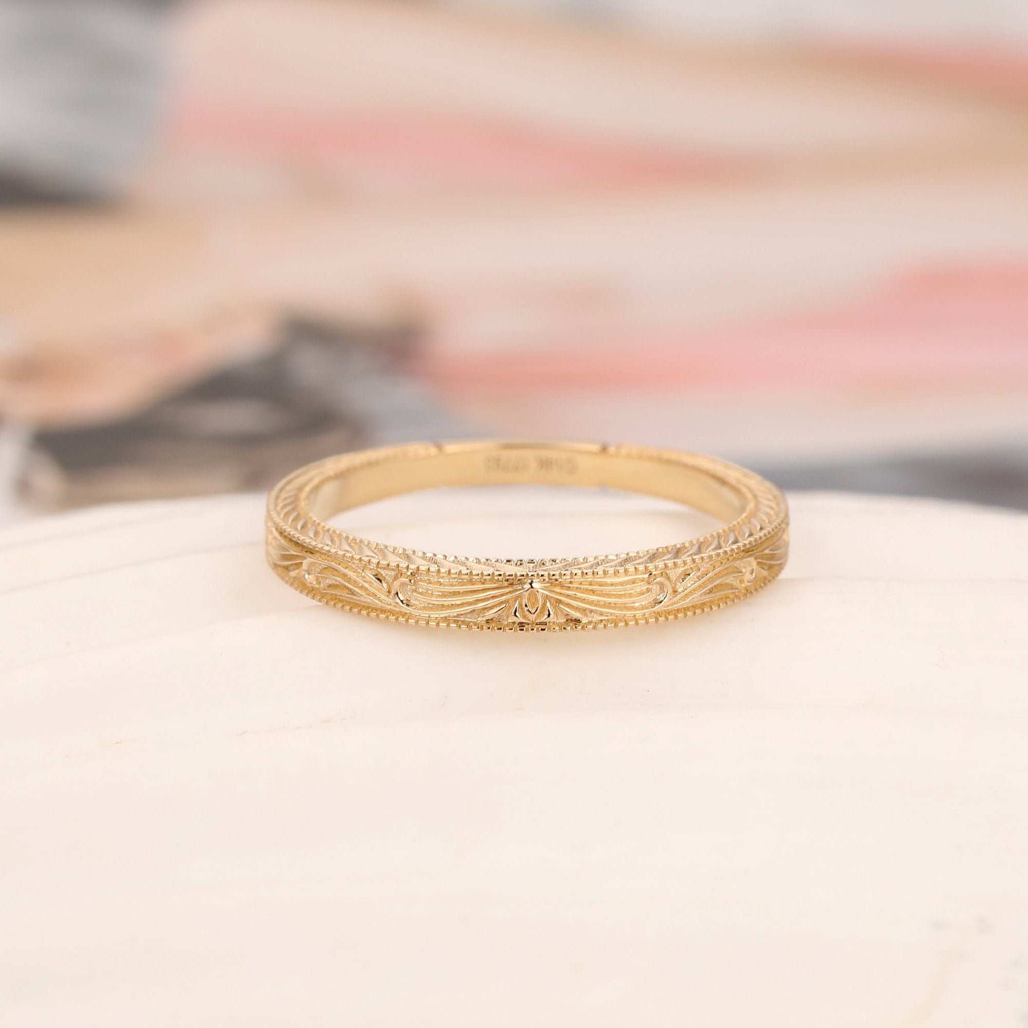 Solid 14K Yellow Gold Ring Art deco Engagement RingEternity | Etsy