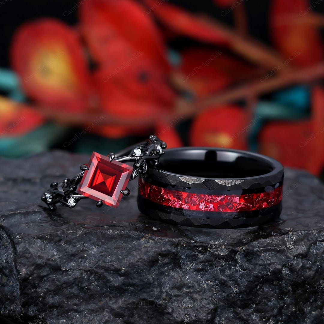 Asscher Cut Red Garnet Couples Ring Set Black Gold Matching Promise ...