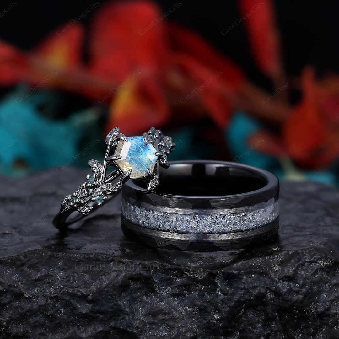 Hexagon Cut Labradorite Couple Ring Set His and Hers Wedding Ring ...