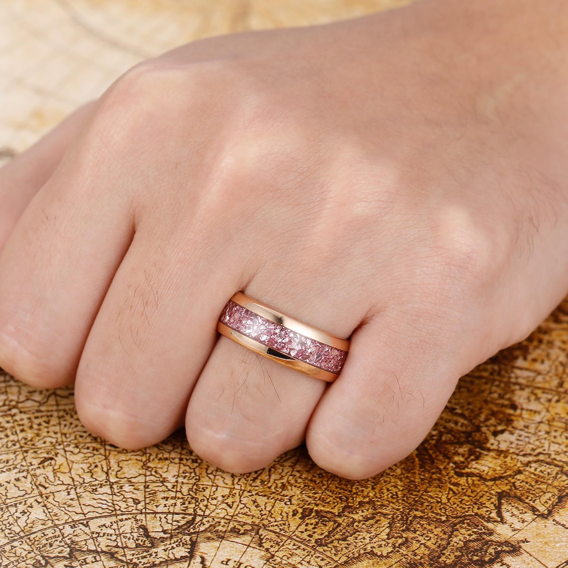 Pink Sapphire Tungsten Ring, Mens Wedding Band, Rose Gold Wedding Ring ...