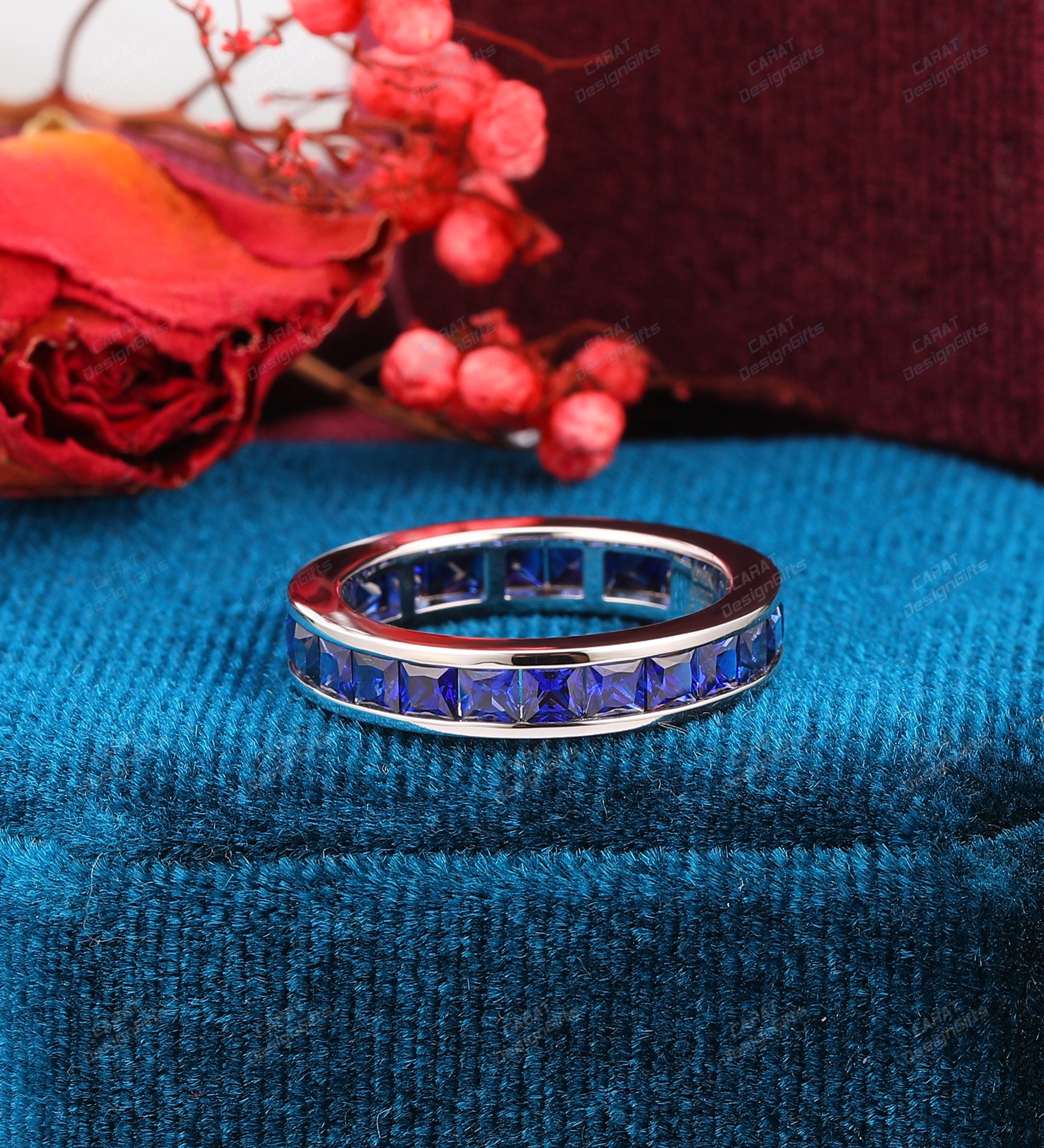 Channel Set Gemstone Ring,2.35ct Princess Cut Sapphire Wedding Band ...