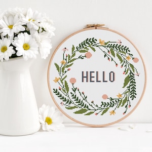 Hello Cross Stitch Pattern PDF, Floral Wreath Cross Stitch, Floral ...