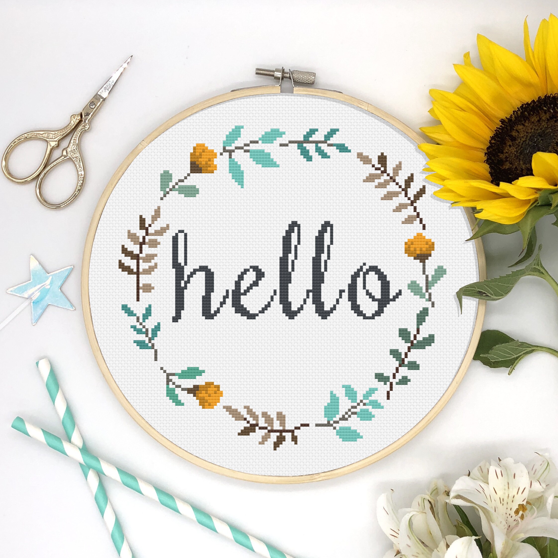 Hello Cross Stitch Pattern Floral Wreath Cross Stitch - Etsy