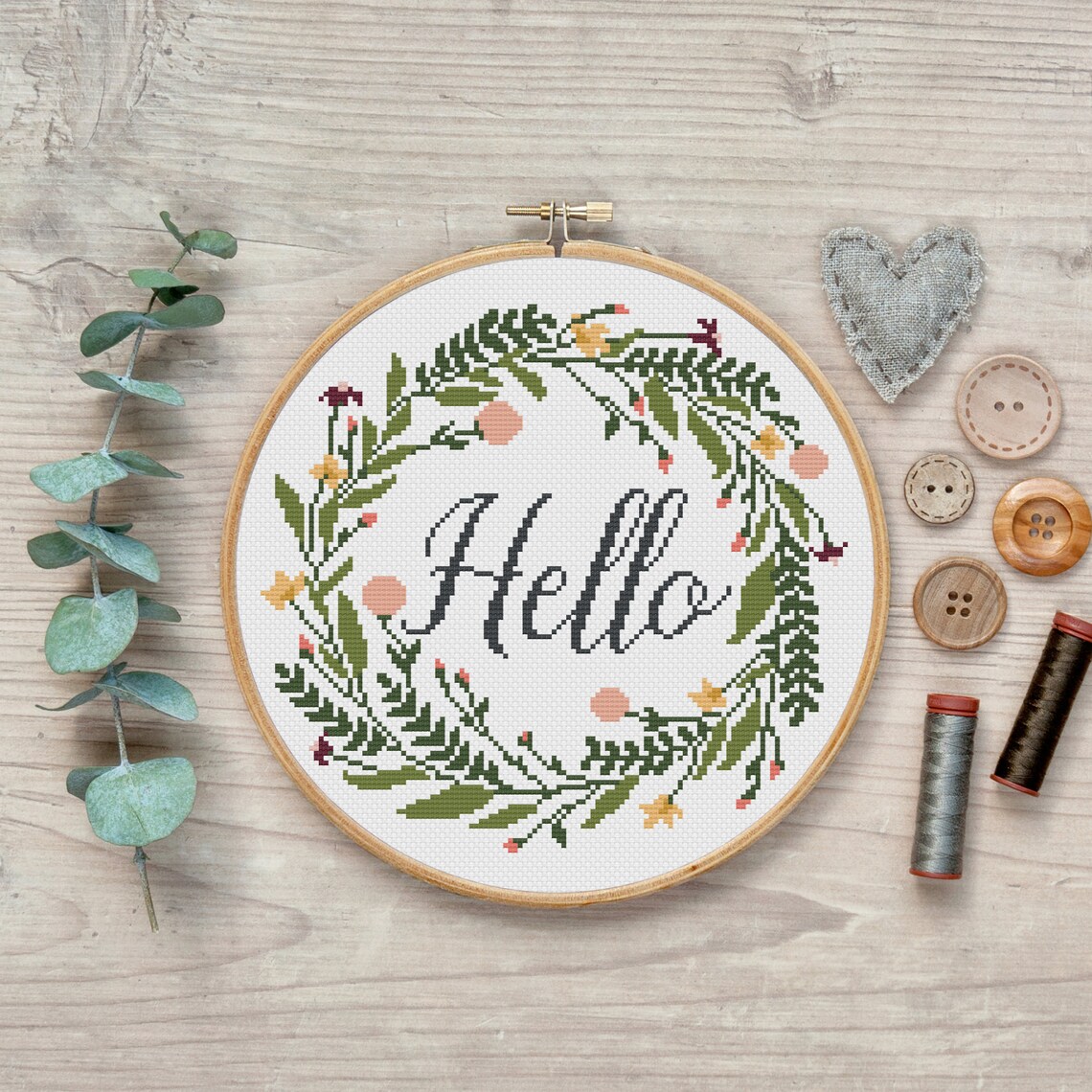 Hello Home Floral Wreath Cross Stitch Pattern (PDF) - Etsy