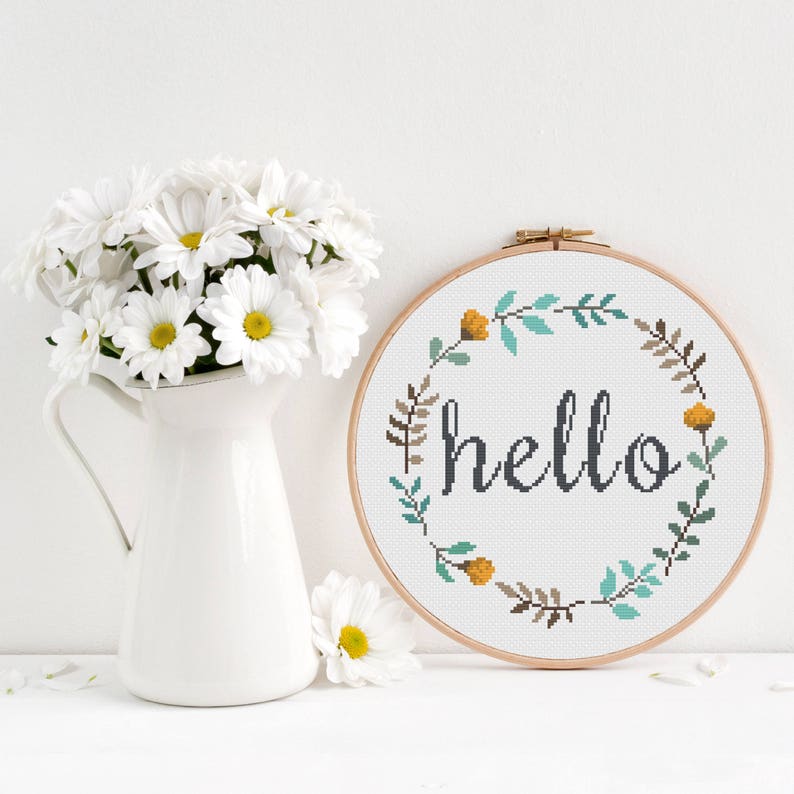 Hello Cross Stitch Pattern floral wreath cross stitch | Etsy