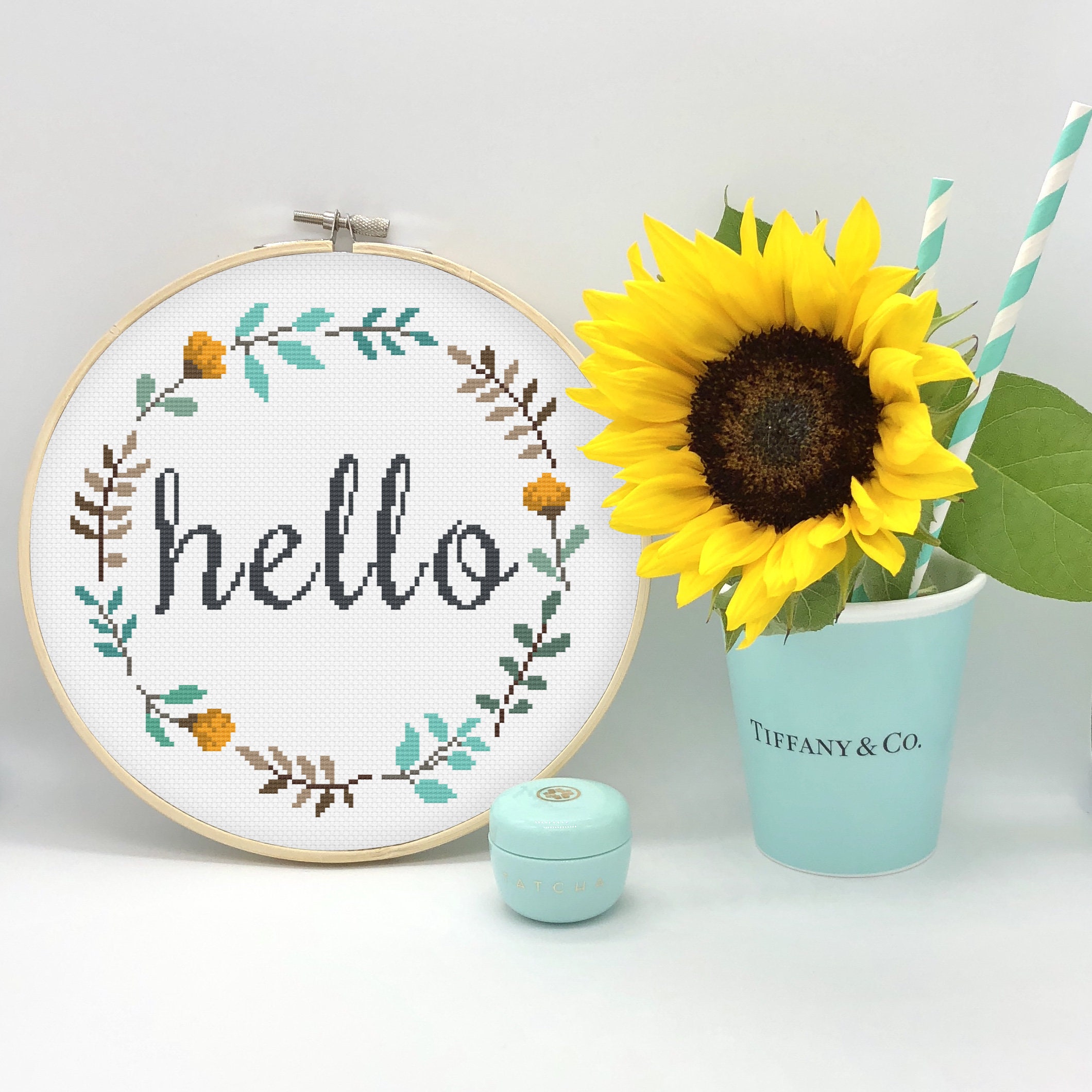 Hello Cross Stitch Pattern floral wreath cross stitch | Etsy