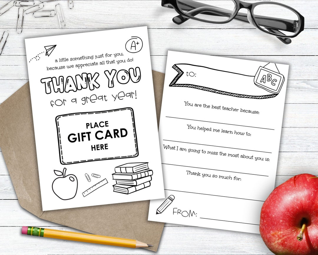 Teacher Thank You Card: Fill-in Gift Card Holder (DIY Printable) - Etsy