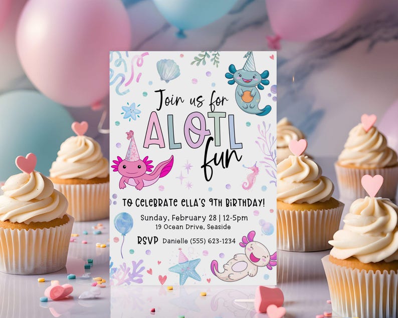 Axolotl Birthday Invitation, Editable Kids Party Template (digital ...