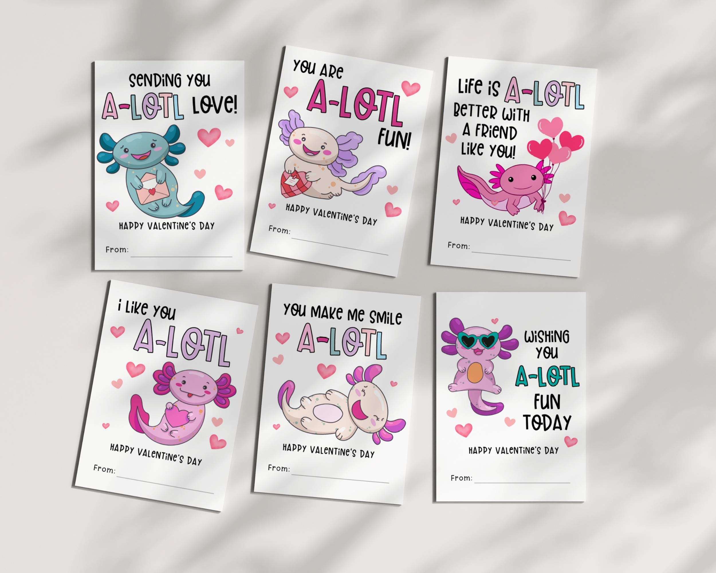 Axolotl Valentine's Day Cards for Kids: Printable Vday Gift Tag (PDF ...