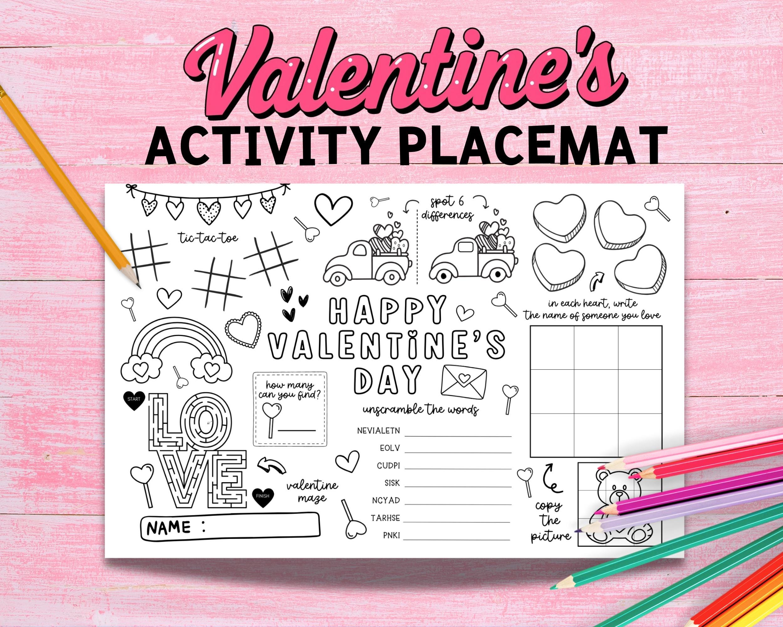Valentine's Day Activity Placemat: Printable Sheet With Games, Coloring ...
