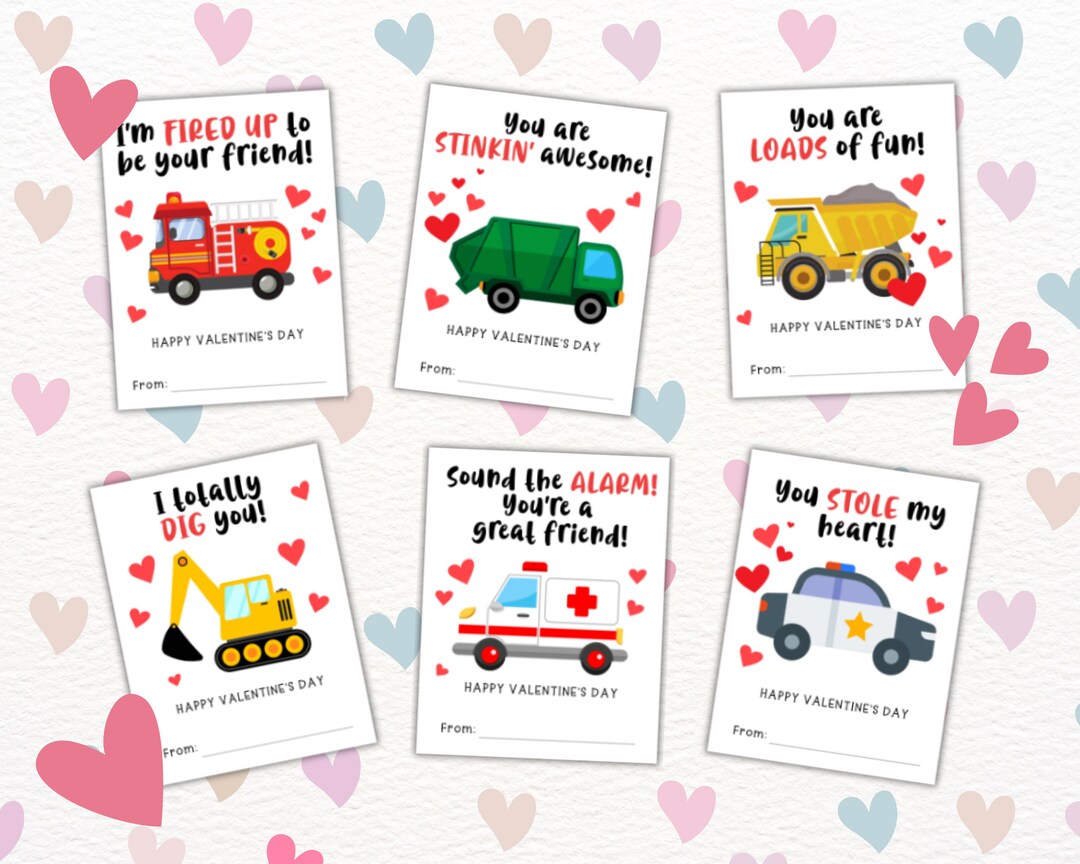 Printable Kids Valentine's Day Cards, Cars Trucks Valentine's Day Gift ...