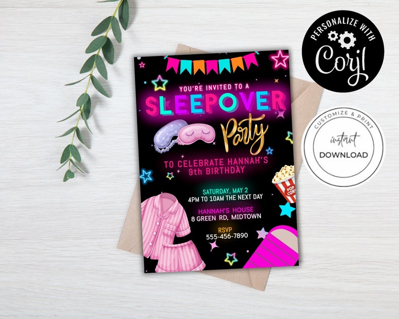 Editable Sleepover Birthday Party Invitation, Pink Girl Slumber Party ...