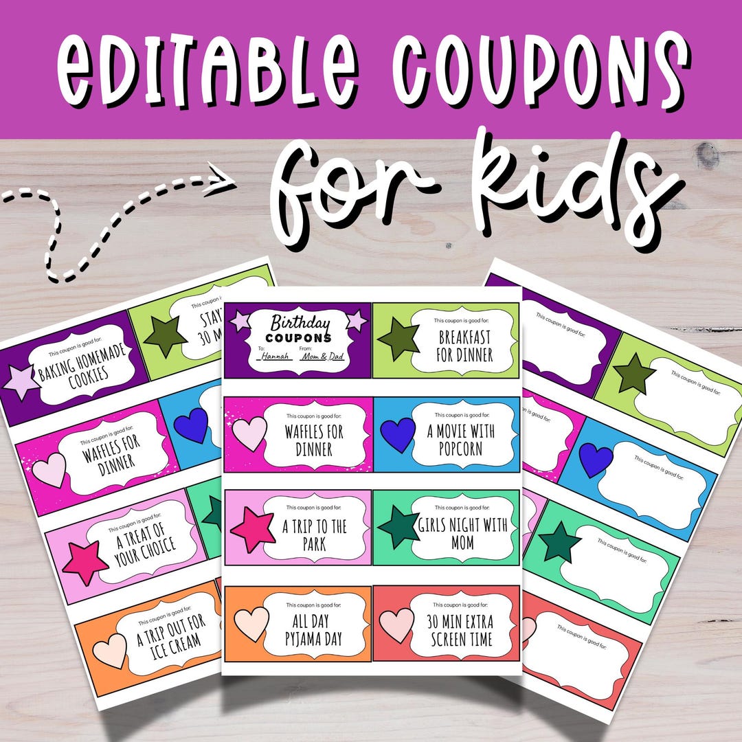 Editable Kids Birthday Coupon Book, Printable Gift (PDF) - Etsy