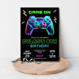 Video Game Birthday Invitation, Neon Gamer Party Invite, Kid Boy ...