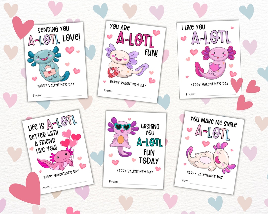Axolotl Valentine's Day Cards for Kids: Printable Vday Gift Tag (PDF ...
