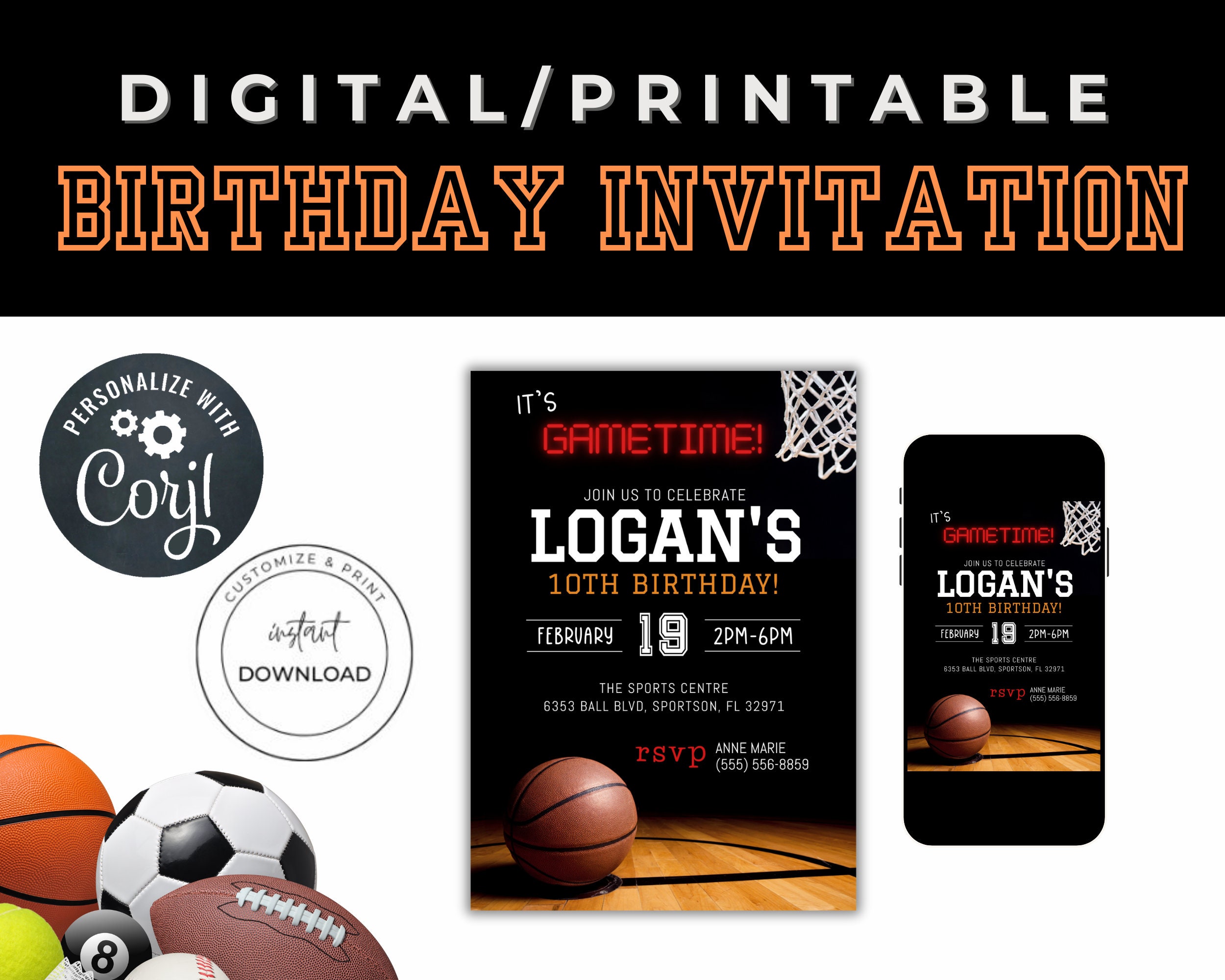 Basketball Birthday Party Invitation: Editable Game Time Invite ...