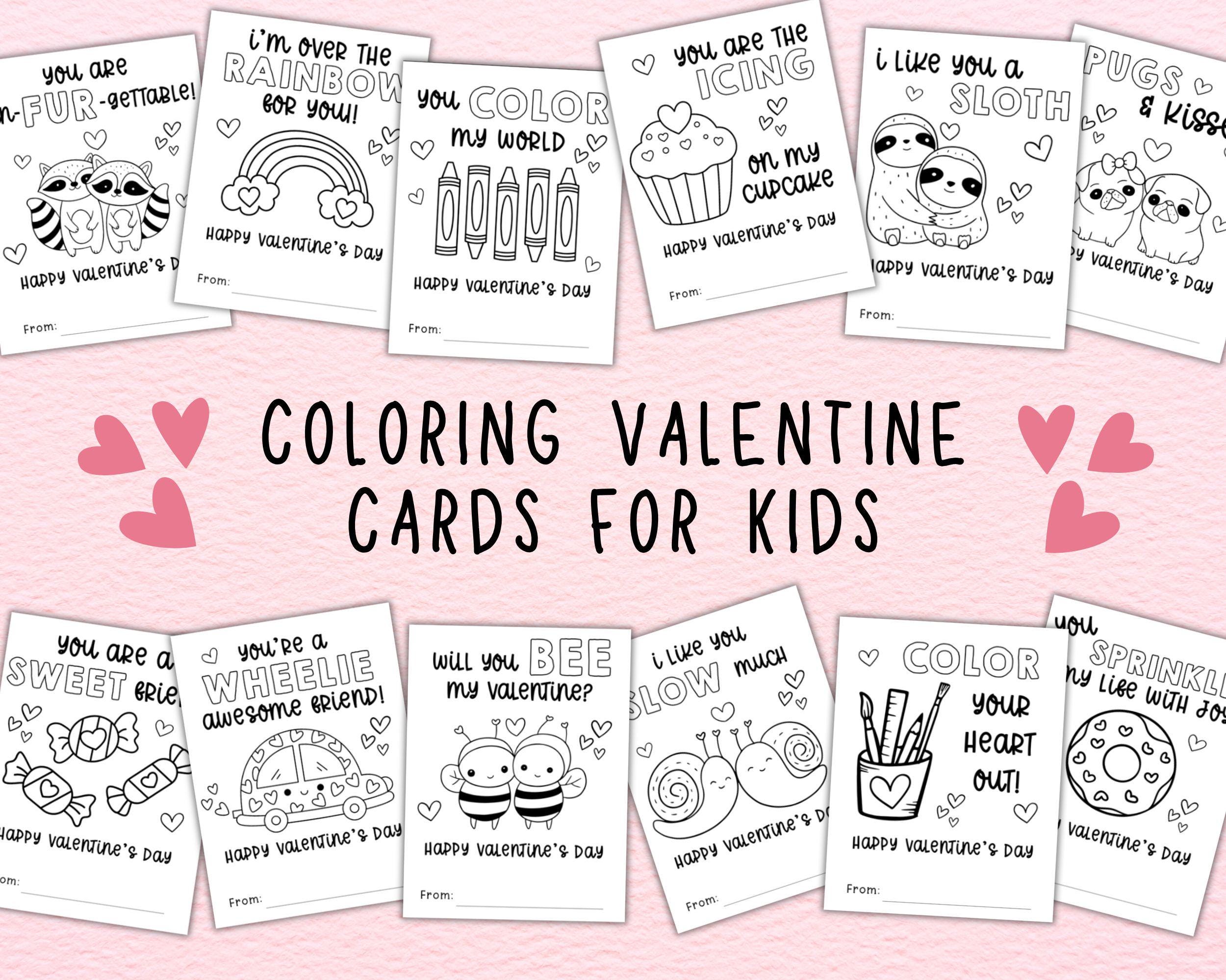 Coloring Valentine's Day Cards for Kids: Classroom Gift Tags (PDF) - Etsy