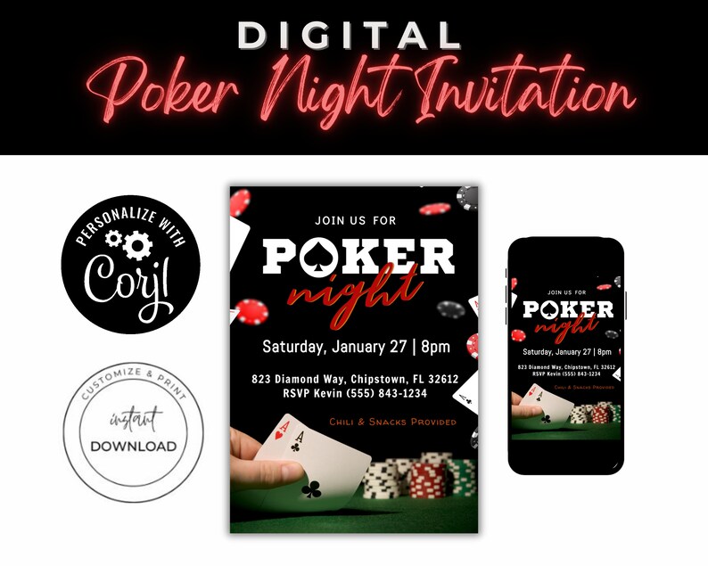 Poker Night Invitation Editable Poker Game Night Invitation Poker Party ...