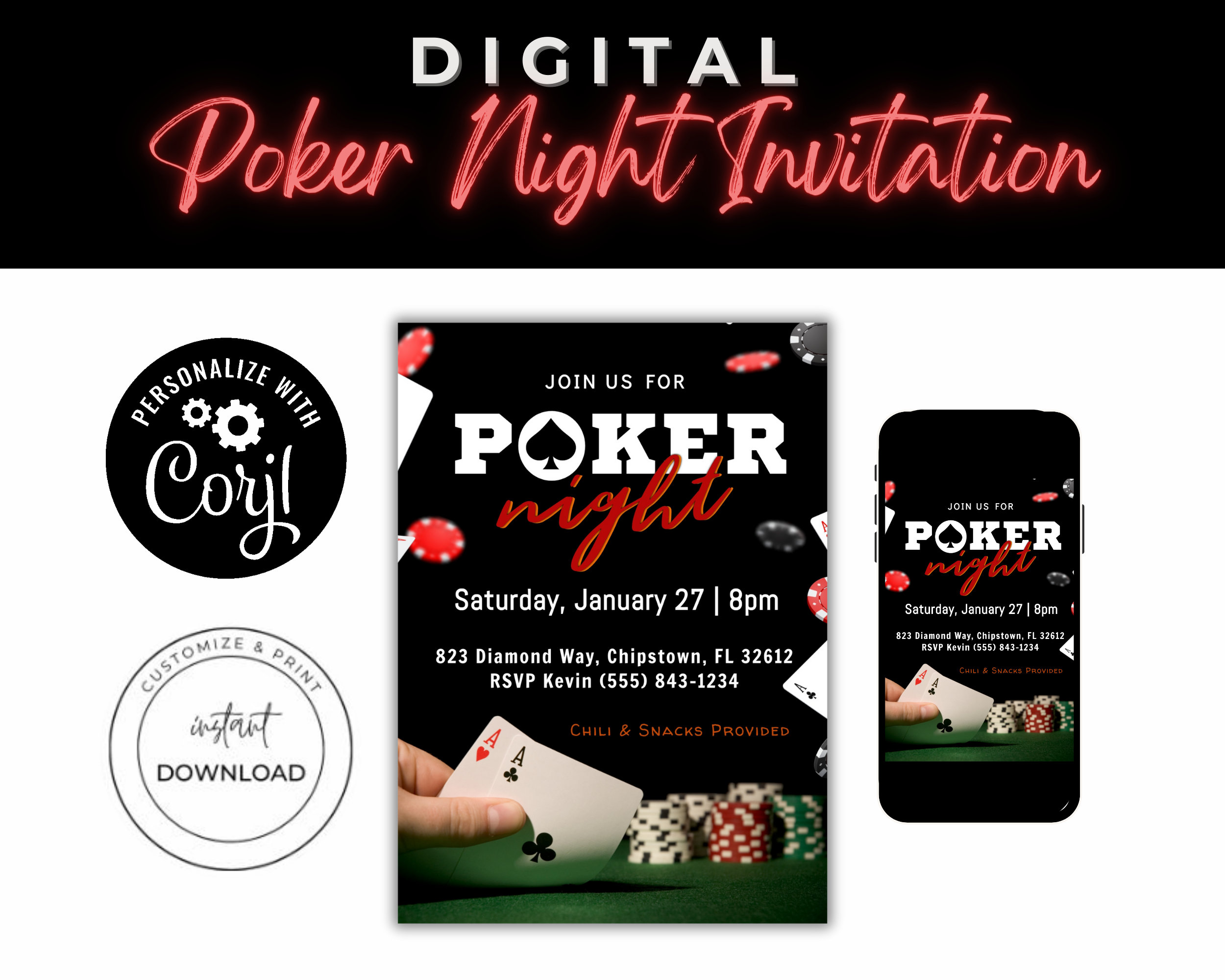 Poker Night Invitation Editable Poker Game Night Invitation Poker Party ...