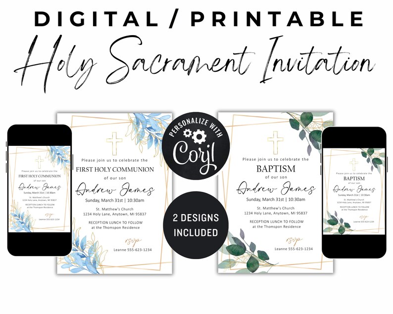 Baptism Christening First Communion Invitation Template, Editable Boy ...