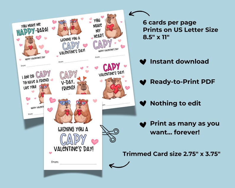Capybara Valentine's Day Cards for Kids: Editable Printable Capybara ...