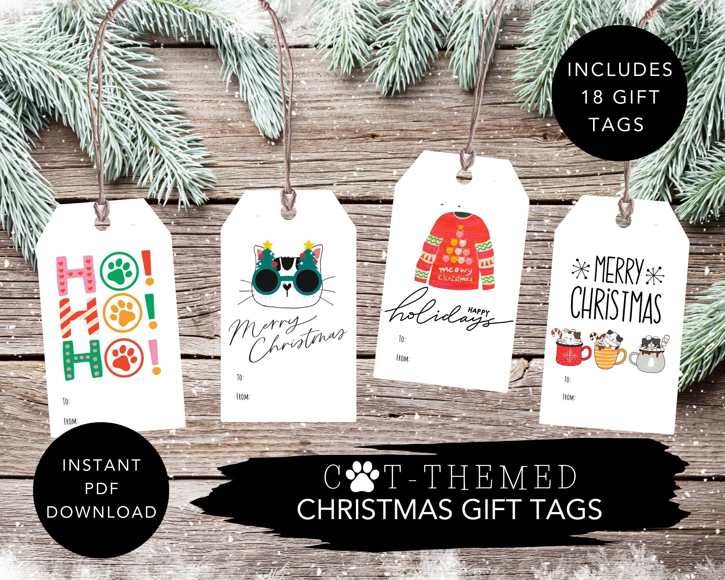 Printable Christmas Cat Gift Tags: Holiday Kitty Labels (PDF) - Etsy
