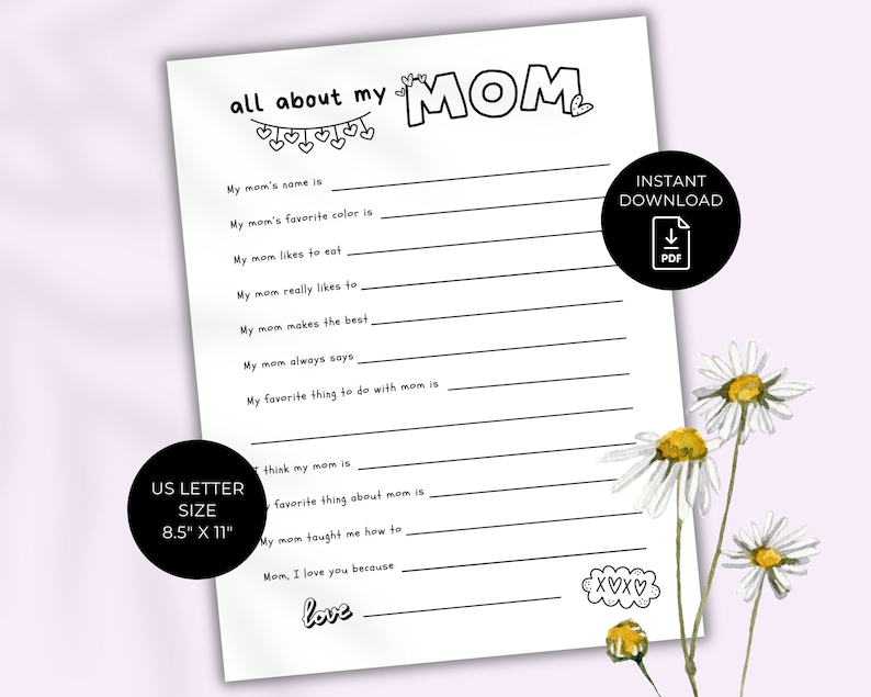 Mother's Day All About Mom Fill in Blanks Printable Craft, Gift for Mom ...