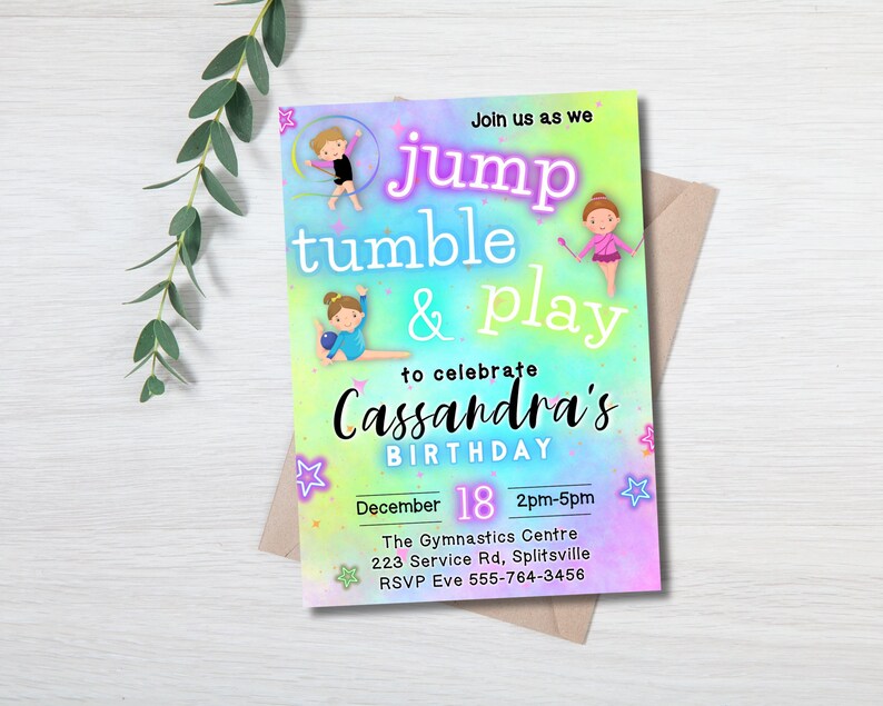 Gymnastics Birthday Invitation: Jump, Tumble & Play Party (printable ...