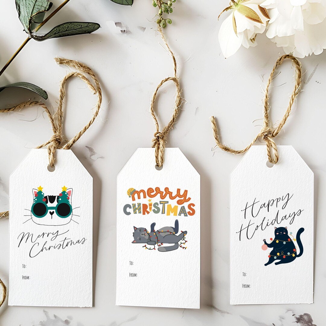 Printable Christmas Cat Gift Tags: Holiday Kitty Labels (PDF) - Etsy