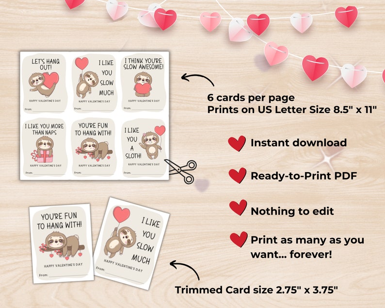 Sloth Valentine's Day Cards for Kids: Printable Vday Gift Tags (PDF) - Etsy