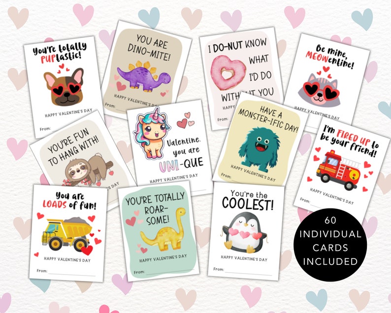 BUNDLE Printable Valentine's Day Cards, Set of 60 Valentine's Day Gift ...