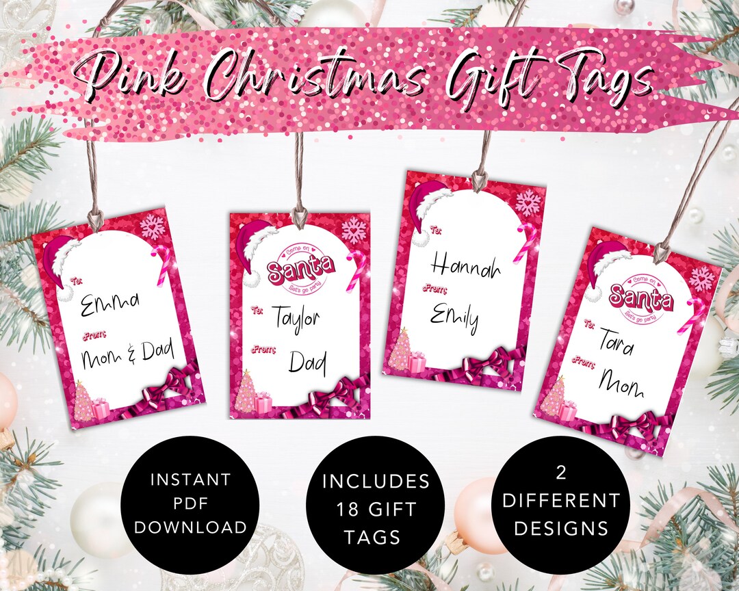 Pink Doll Christmas Gift Tags, Christmas Pink Sparkle Gift Tag, Kids ...