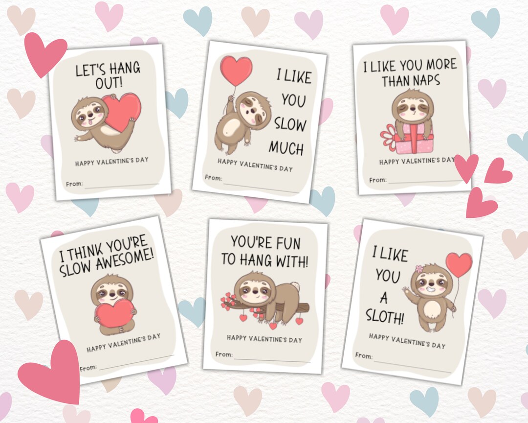 Sloth Valentine's Day Cards for Kids, Sloth Themed Vday Gift Tags for ...
