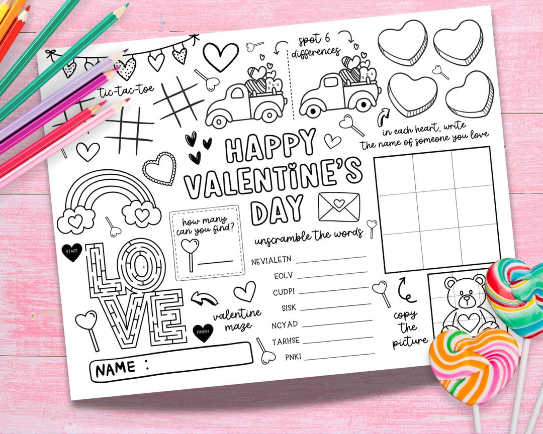 Valentine's Day Activity Placemat: Printable Sheet With Games, Coloring ...