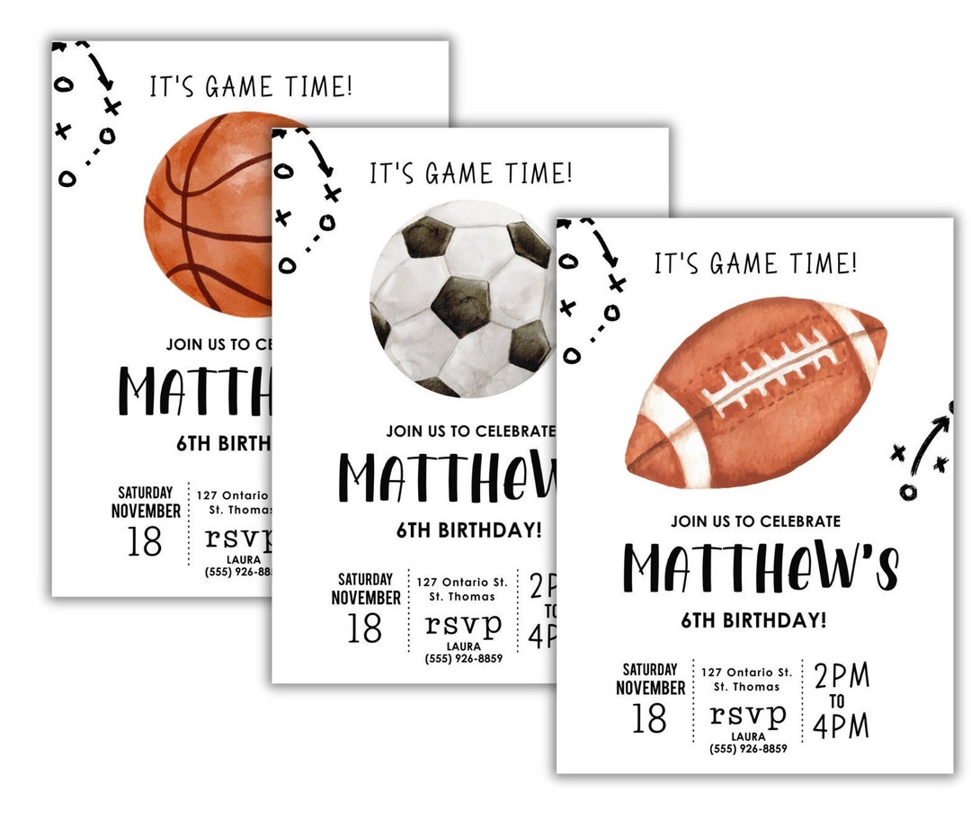 Sports Birthday Party Invitation: Editable Football, Soccer, Basketball ...