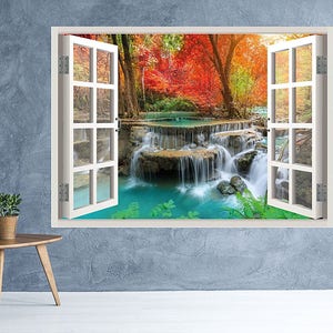 Natural Waterfall Forest Landscape View Window 3D Wall Decal Art ...