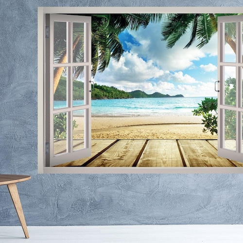 Beach Wall Decal Ocean 3D Beach View Window Mural Sticker | Etsy