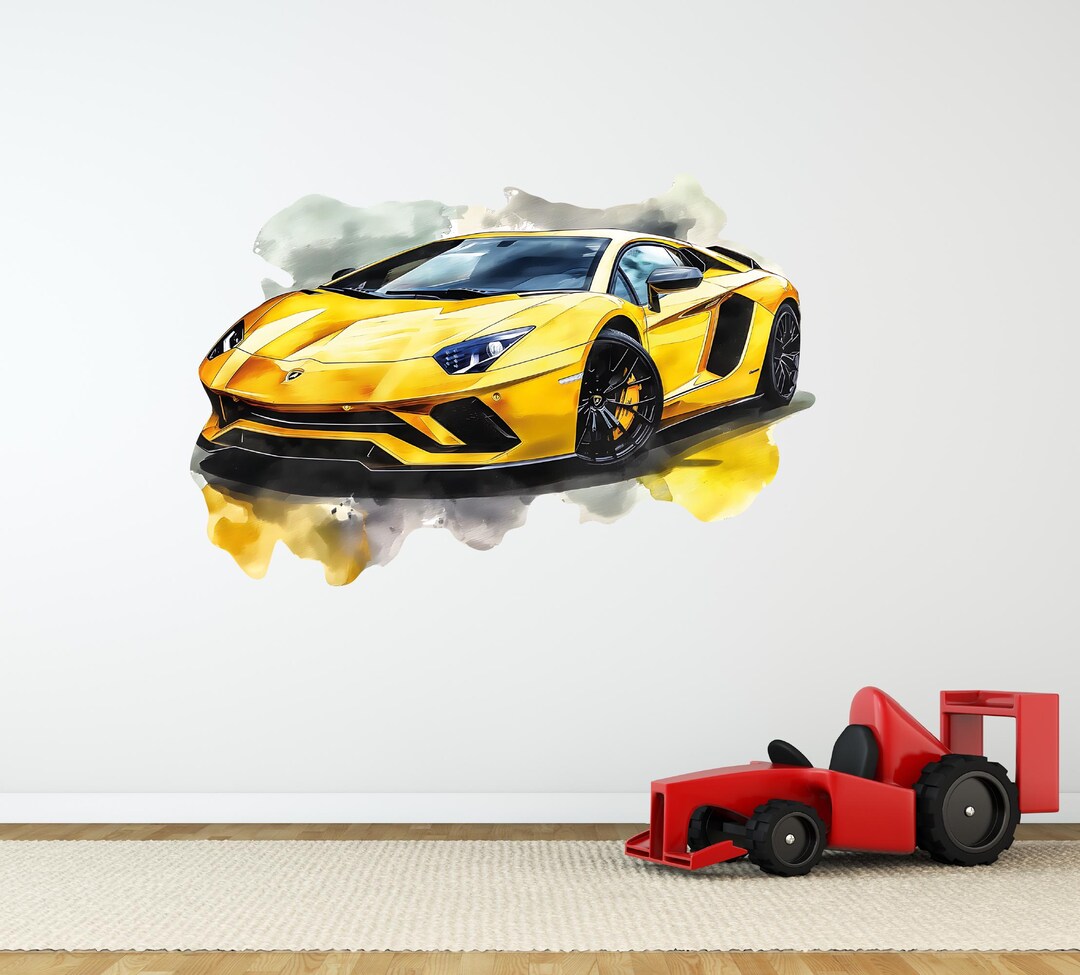 Sports Car Wall Decal, Yellow Racing Cars Wall Art, Watercolor Lambo ...