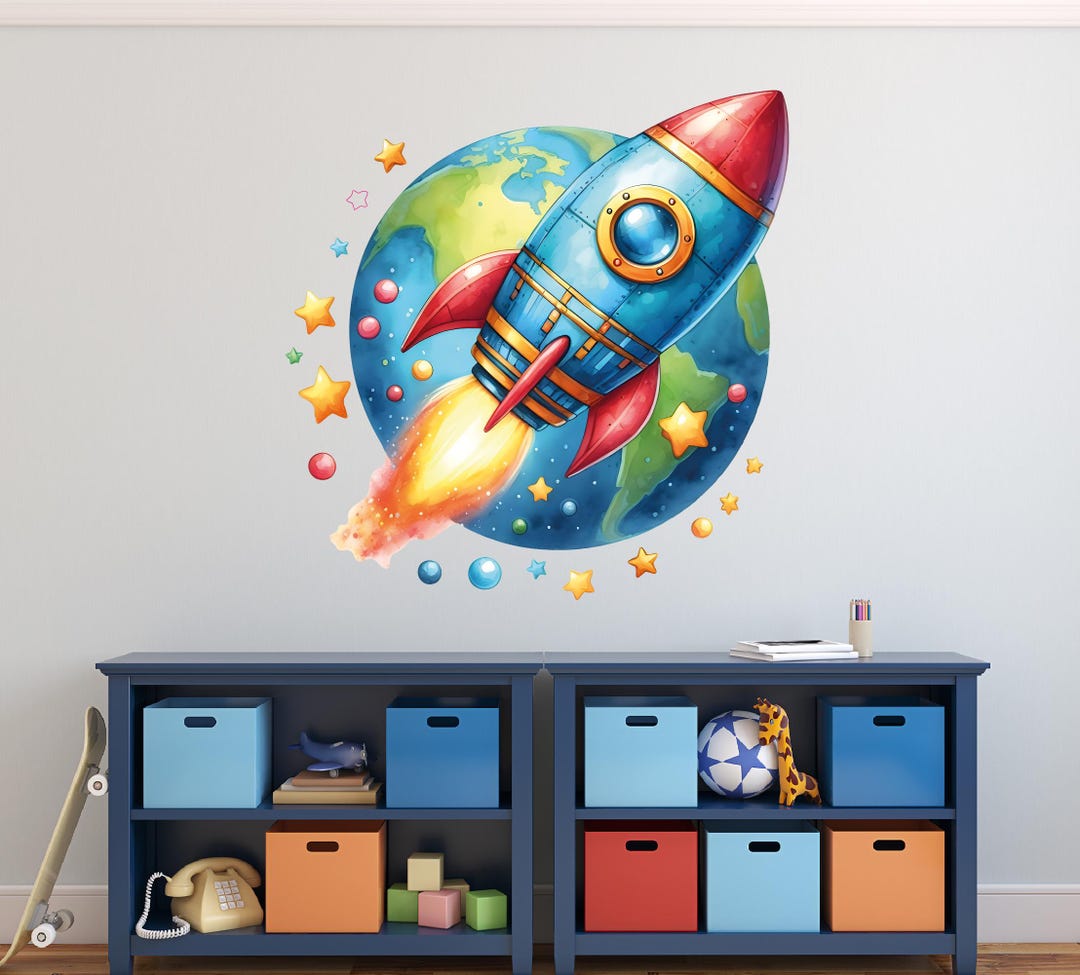 Rocket Ship Wall Decal - Kids Room Outer Space Wall Decor - Watercolor ...