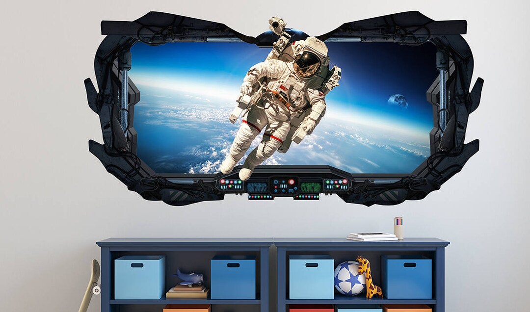 Astronaut View 3D Spaceship Window Wall Decal - Astronaut and Earth ...