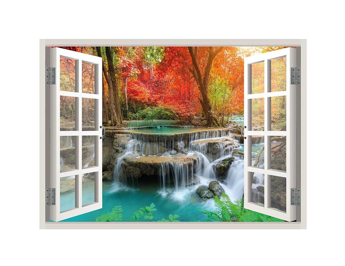 Natural Waterfall Forest Landscape View Window 3D Wall Decal Art ...