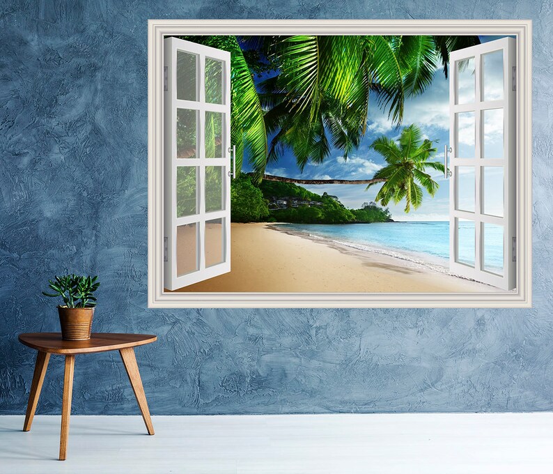Beach View Window 3D Wall Decal Art Removable Wallpaper Palm Tree ...