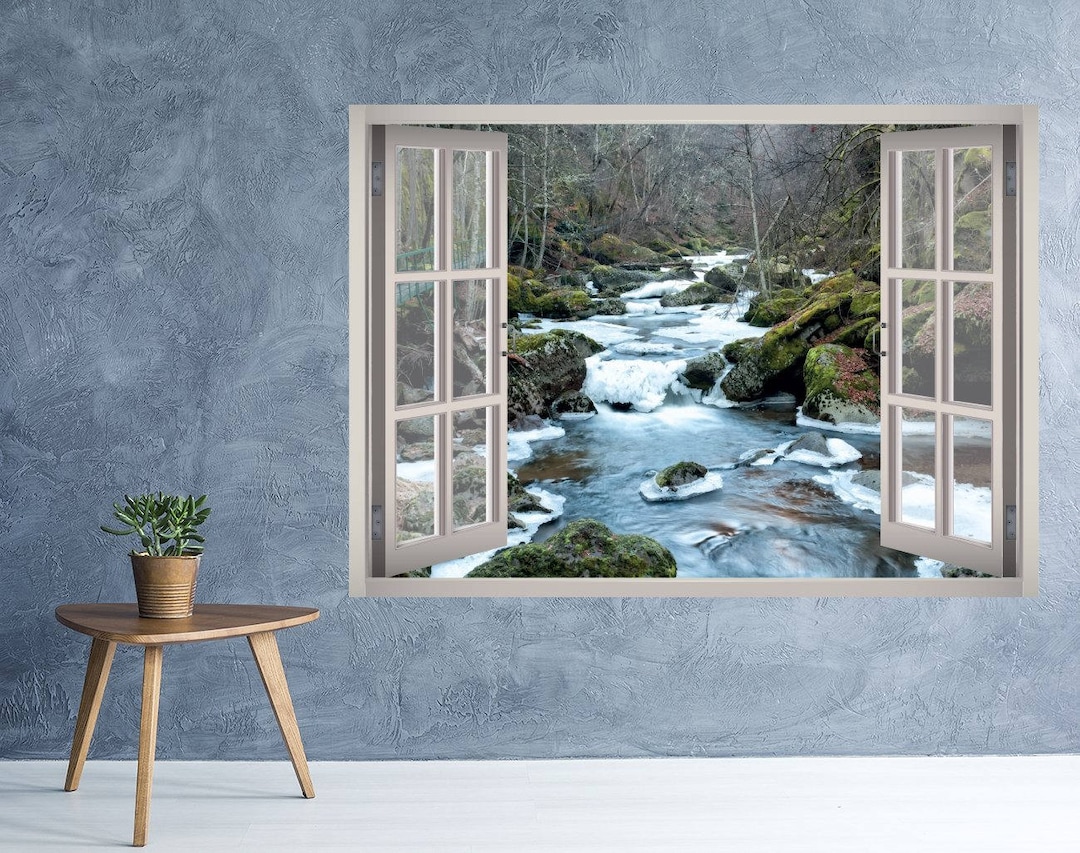River Landscape Window 3D Wall Decal Art Removable Wallpaper Mountain ...