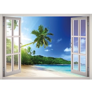 Tropical Beach View Window 3D Wall Decal Art Removable Palm Tree Beach ...